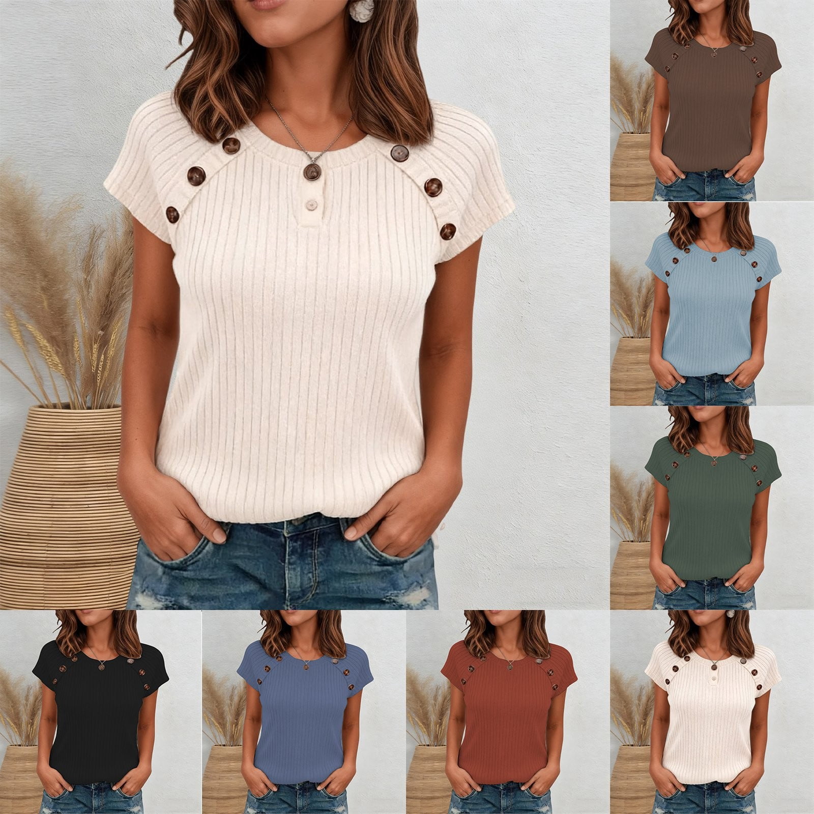 Blouse For Women Summer Short Sleeve Top Button Ribbed Texture Casual ...