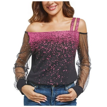 Hibeli Women Semi Sheer Mesh See Through Stars Long Sleeve Glitter ...
