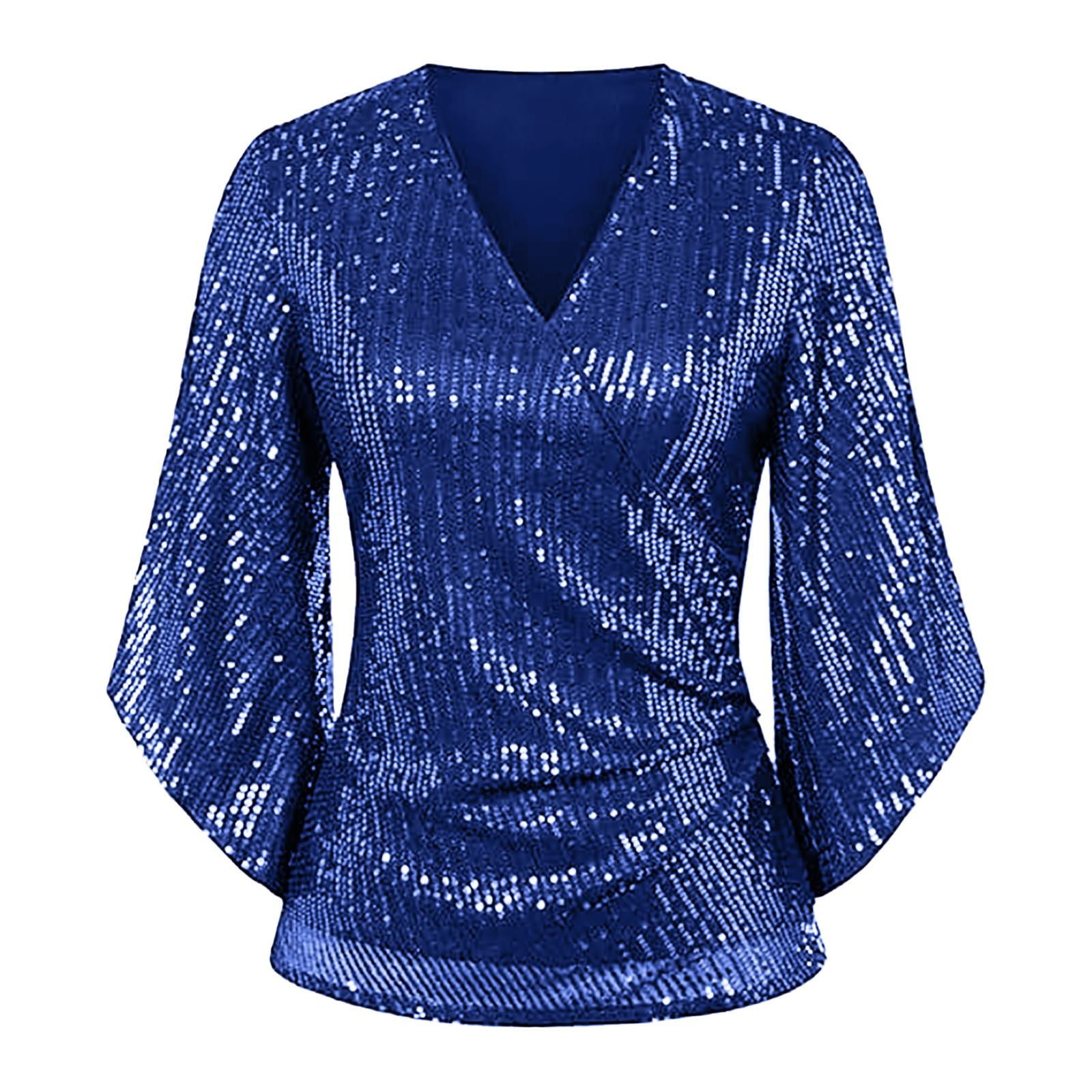 Blouse Plus Size, Womens Sequin Tops 3/4 Sleeve Glitter Sparkly Party ...
