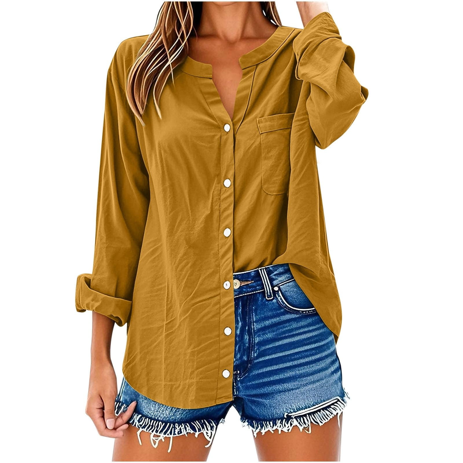 Blouse Women's Elegant Cotton V-Neck Shirt Blouse Long Sleeve Button ...