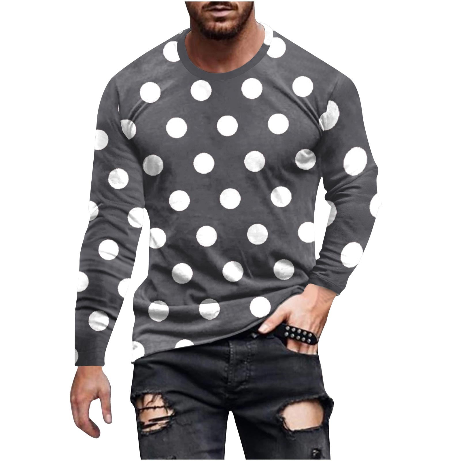 Blouse for Men,Mens Shirts Plus Size,Long Sleeve Round Neck Polka Dot ...