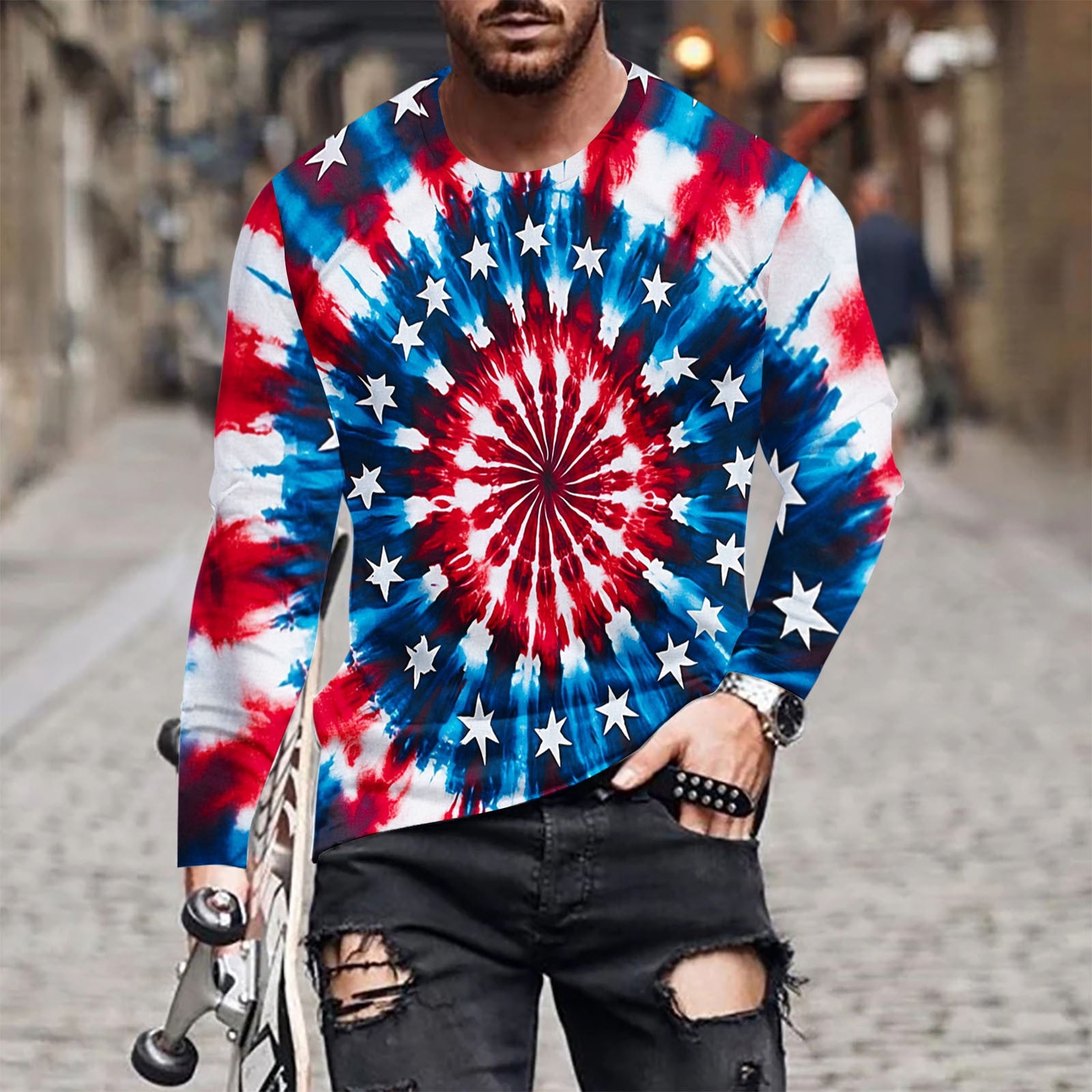 Blouse for Men,Mens Shirts Plus Size,Long Sleeves Round Neck Tie-dye ...