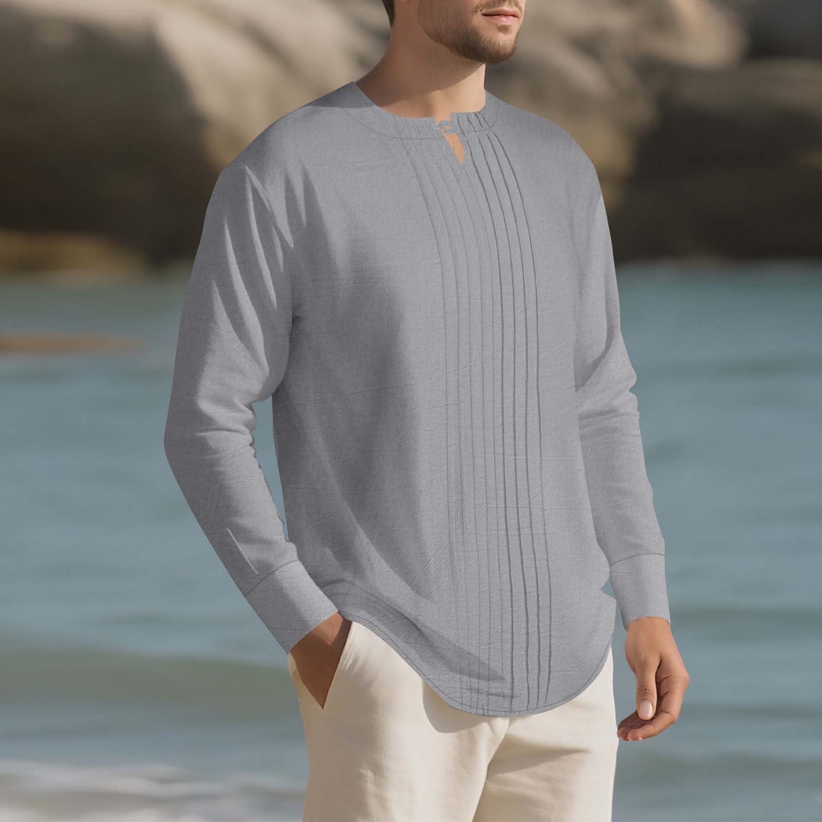 Blouse for Men Plus Size Long Sleeves Round Neck Button Solid Color ...