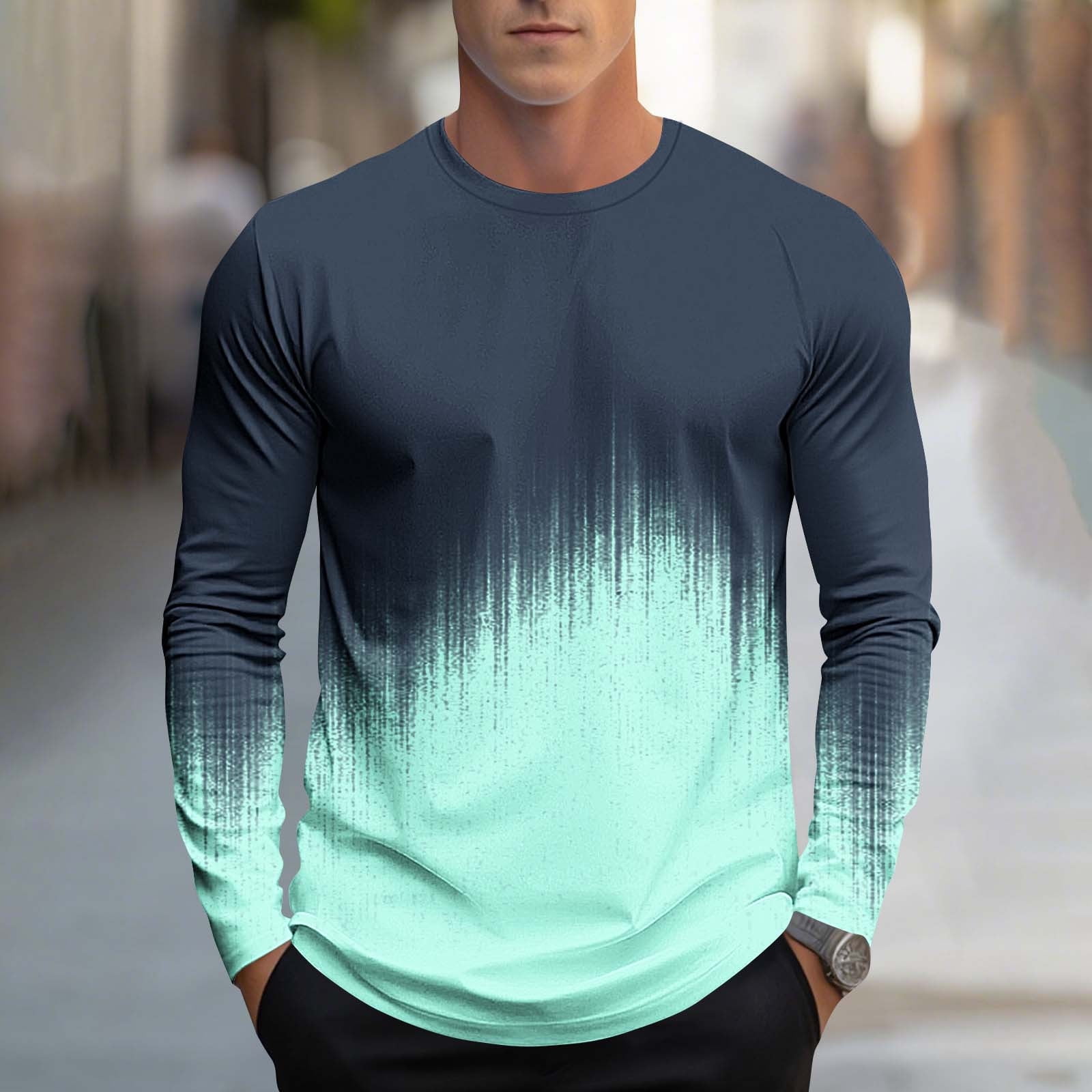Blouse for Men Plus Size Long Sleeves Round-Neck Gradient Print Sports ...