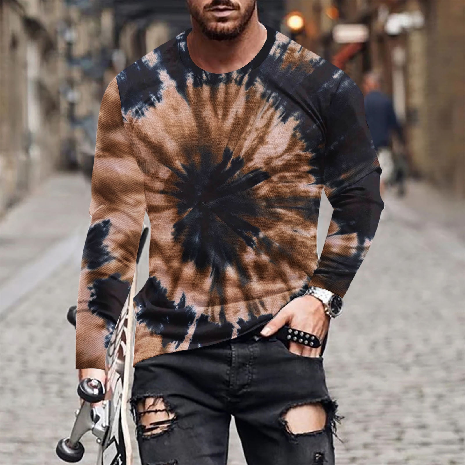 Blouse for Men Plus Size Long Sleeves Round Neck Tie-dye Printing ...