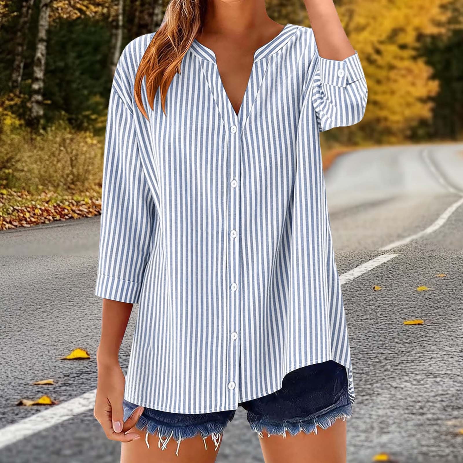 Blouse for Women Flannel Plaid 3/4 Sleeve Casual Loose V-Neck Button-Up ...