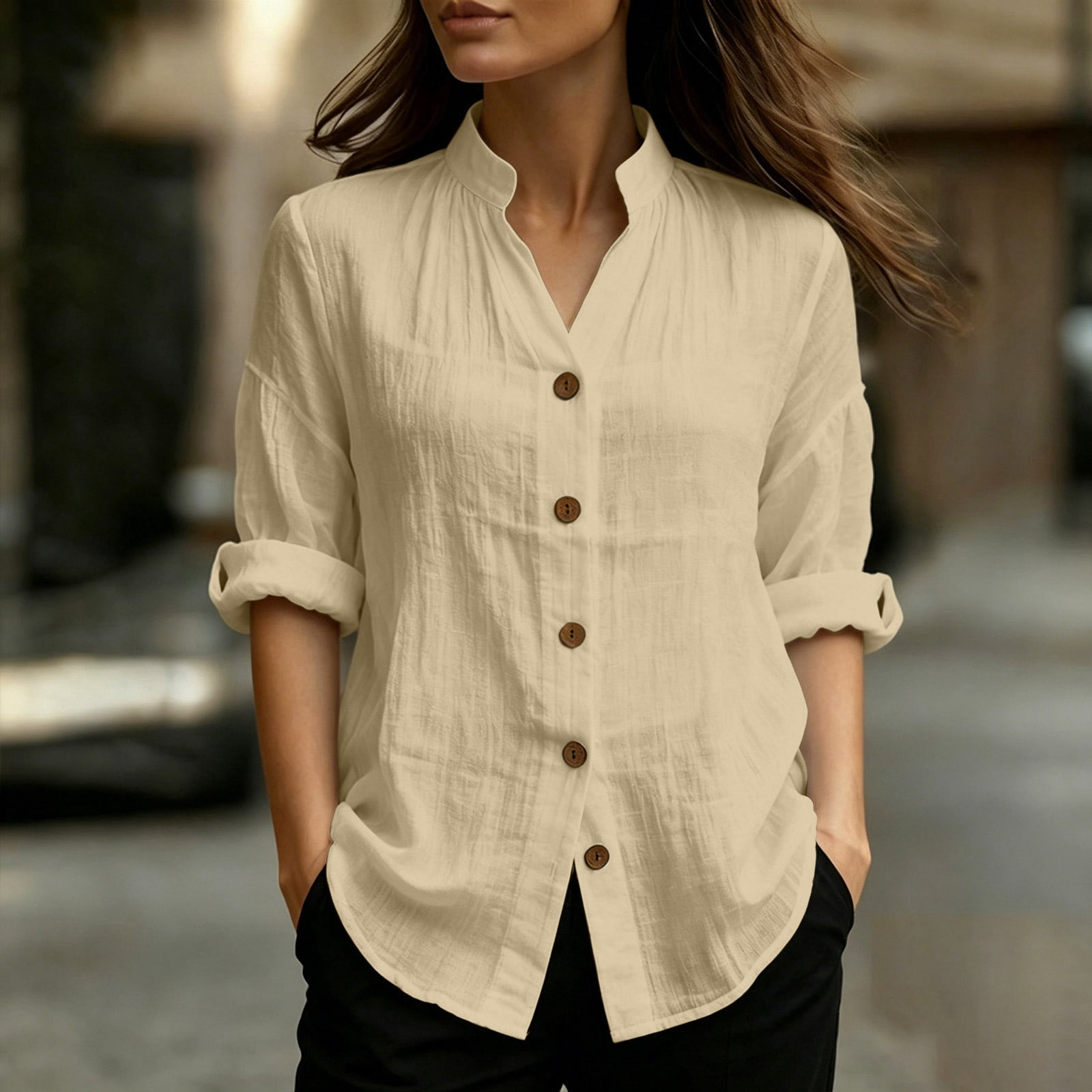 Blouse for Women Long Sleeve Button Lady Summer Casual Solid Color Top ...