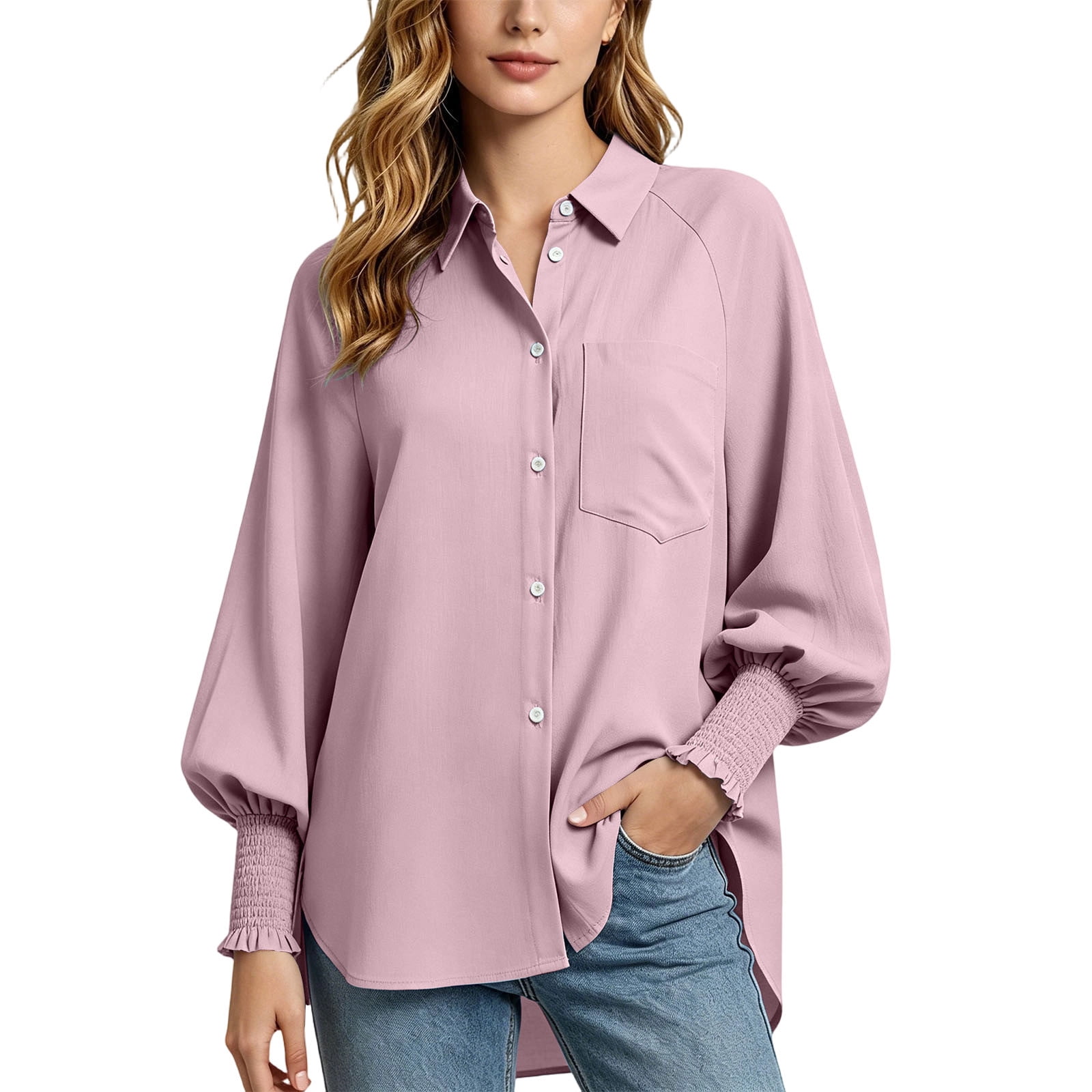 Blouse for Women Long Sleeve Casual Button Up Shirt with Pleated Cuffs ...