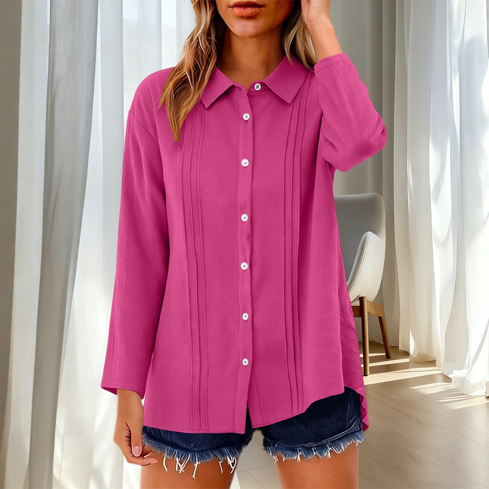 Blouse for Women Long Sleeve Flared Collar Button Casual Fashion Solid ...