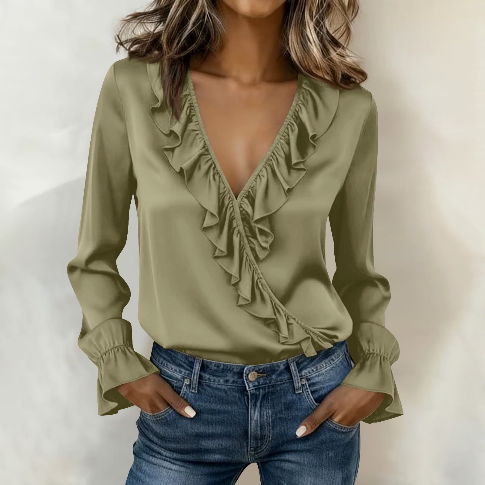 Blouse for Women Long Sleeve New Womens Casual Lace Pleated V-Neck ...