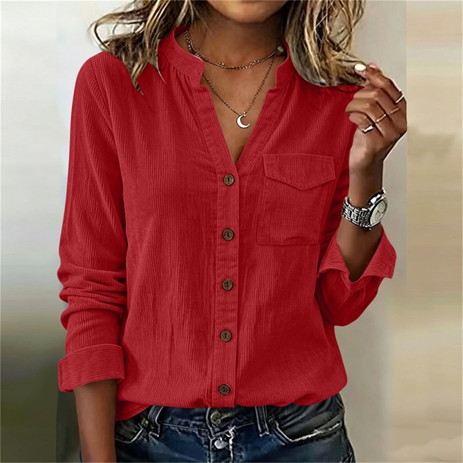 Blouse for Women Long Sleeve Turndown Collar Fashion Casual Solid Color ...