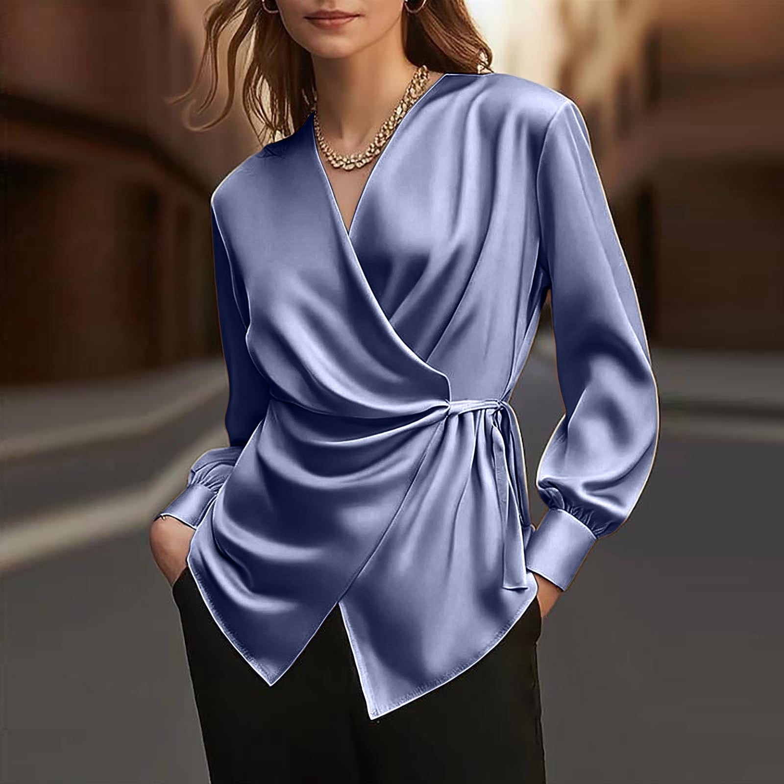 Blouse for Women Long Sleeve V Neck Lace Up Solid Color Business Casual ...