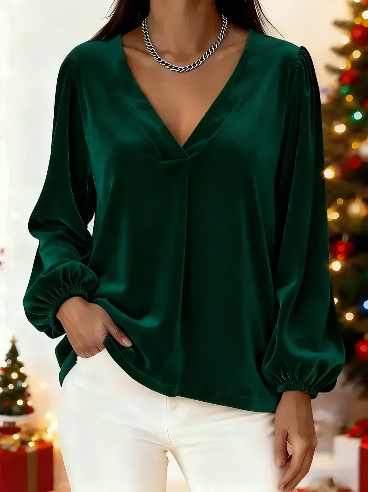 Blouse for Women Long Sleeve V-Neck Solid Color Casual Blouses Green ...