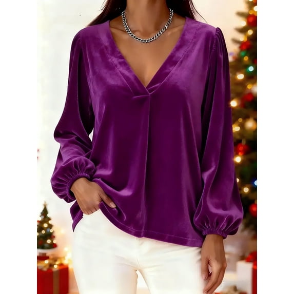 WHLBF Blouse for Women Long Sleeve V-Neck Solid Color Casual Blouses ...