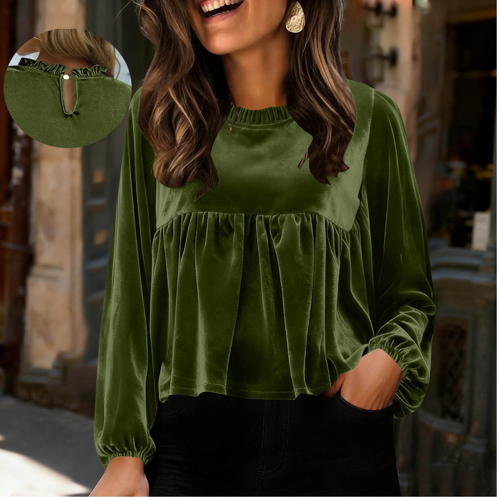 Blouse for Women Long Sleeved Round Neck Pleated Stretch Solid Color ...