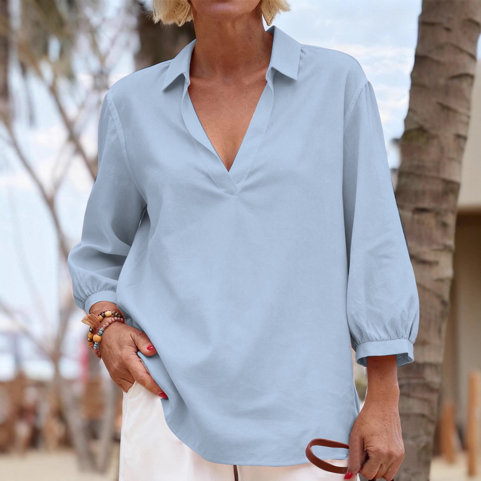 WHLBF Blouse for Women Long Sleeved Shirt Collar Door Tube Regular ...