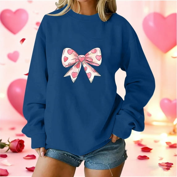 Blouse for Women Long-sleeved Bow Lover Day Heart-shaped Round-neck ...