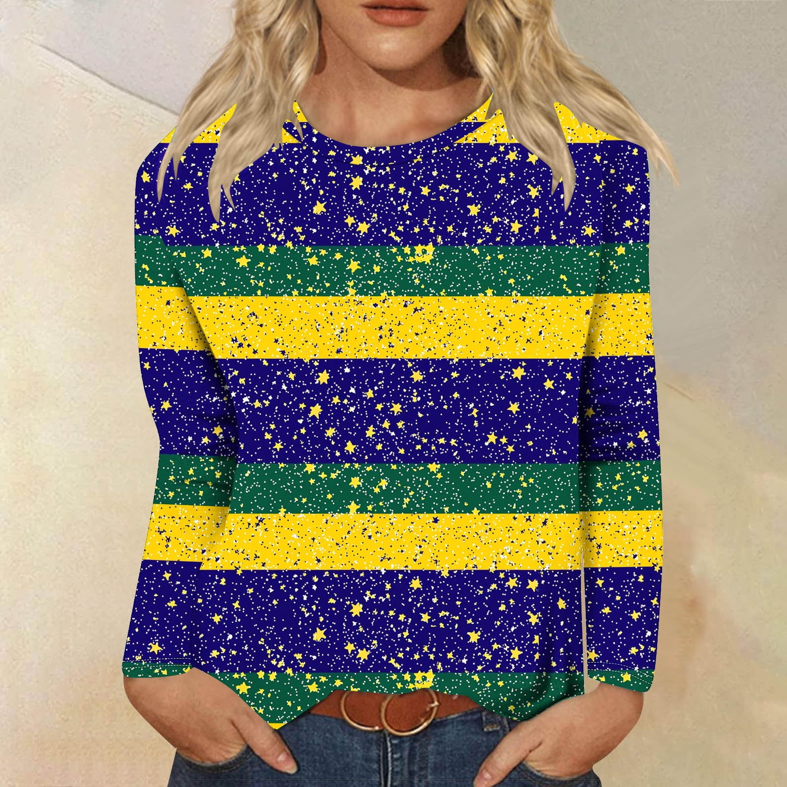 Blouse for Women Mardi Gras Print Crew Neck Long-Sleeve Casual Pullover ...