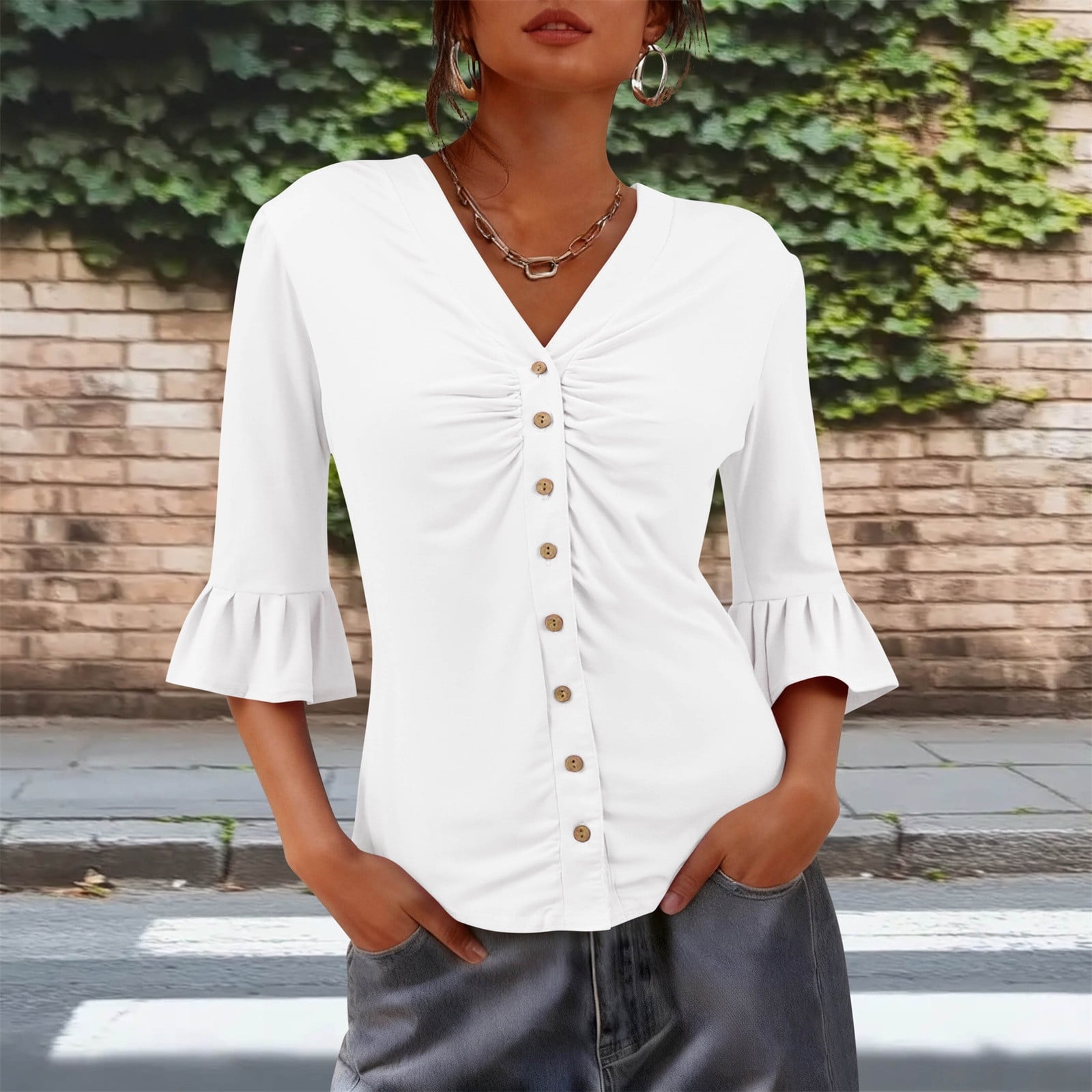 Blouse for Women Pleated Casual Round Neck Mid Sleeve Trumpet Sleeve ...