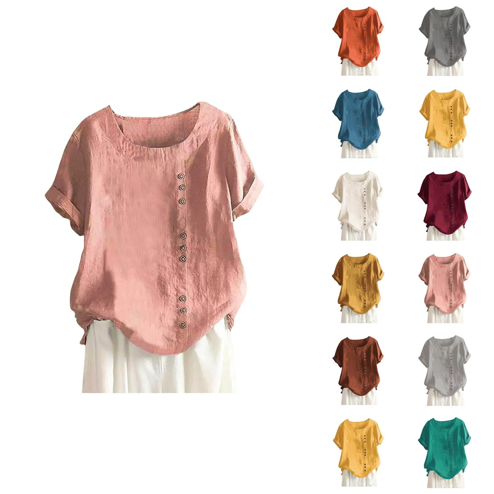Blouse for Women Short Sleeve Scoop Neck Button Front Cotton Linen ...