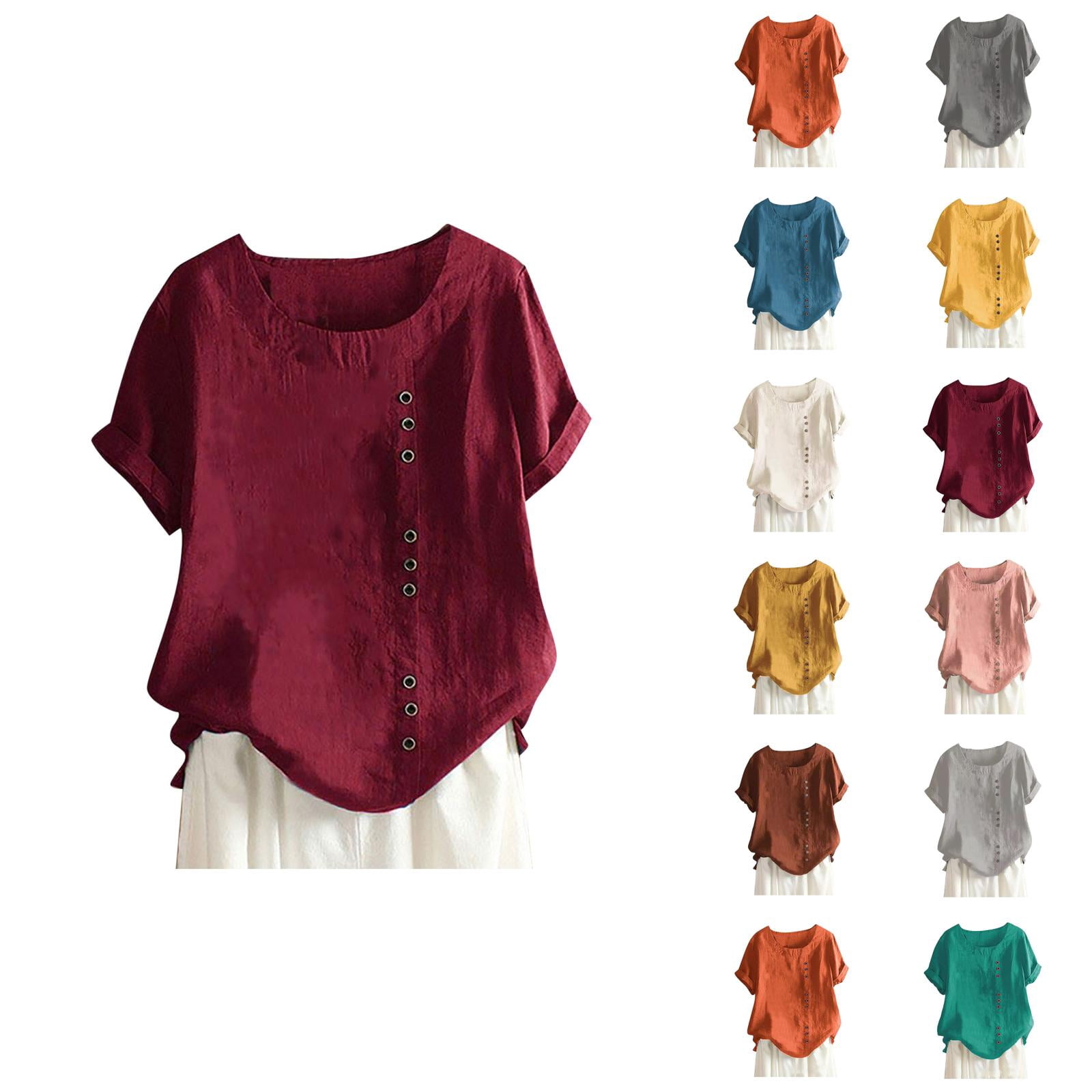 Blouse for Women Short Sleeve Scoop Neck Button Front Cotton Linen ...