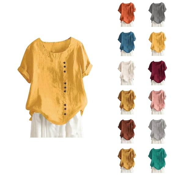 Blouse for Women Short Sleeve Scoop Neck Button Front Cotton Linen ...