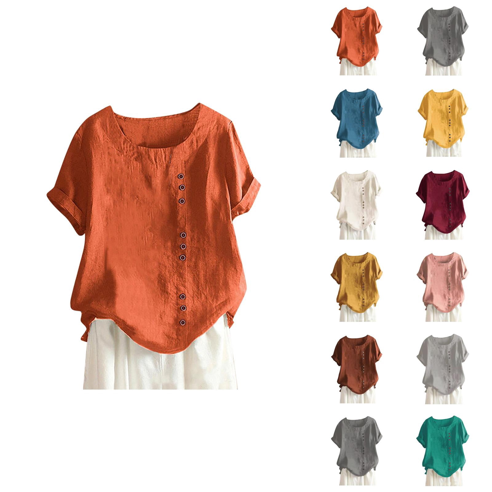 Blouse for Women Short Sleeve Scoop Neck Button Front Cotton Linen ...