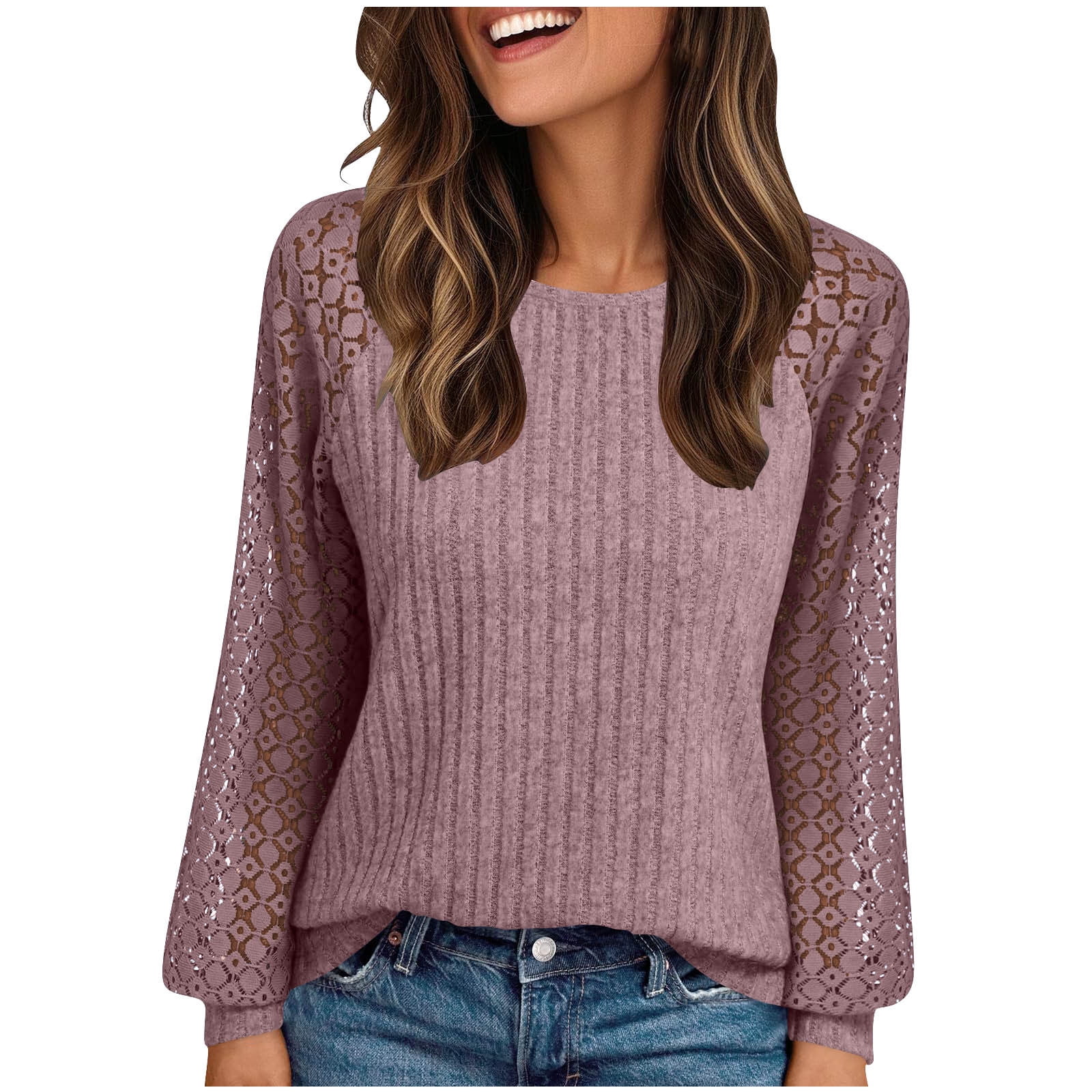 Blouse for Women Solid Color Crew Neck Ribbed Knit Shirt with Openwork ...
