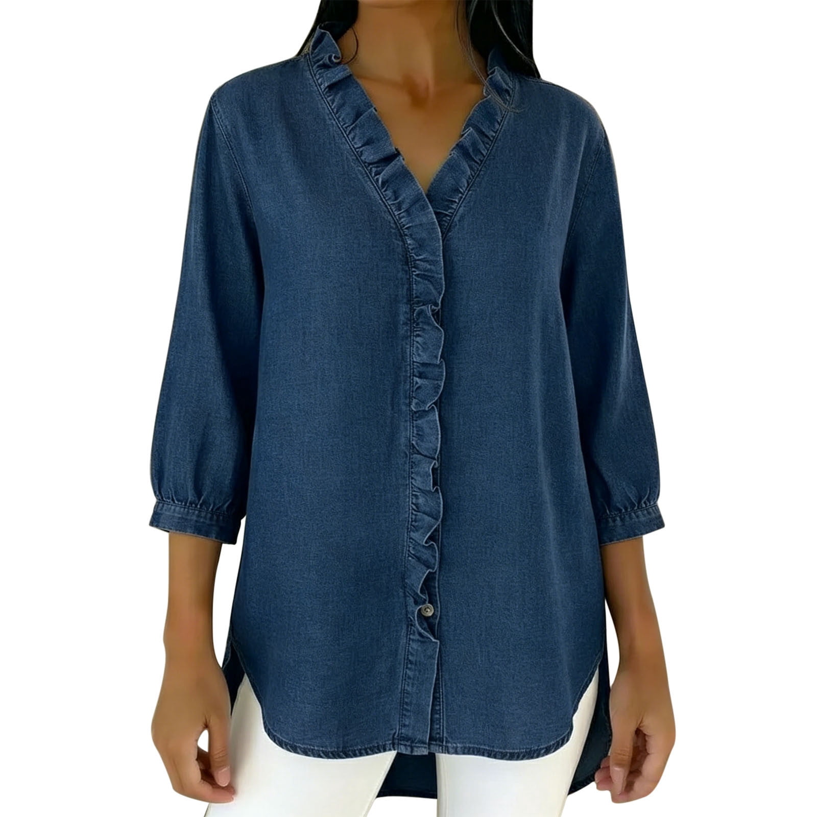 Blouse for Women Ruffle Trim V Neck 3/4 Sleeve Button Up High-Low Hem ...