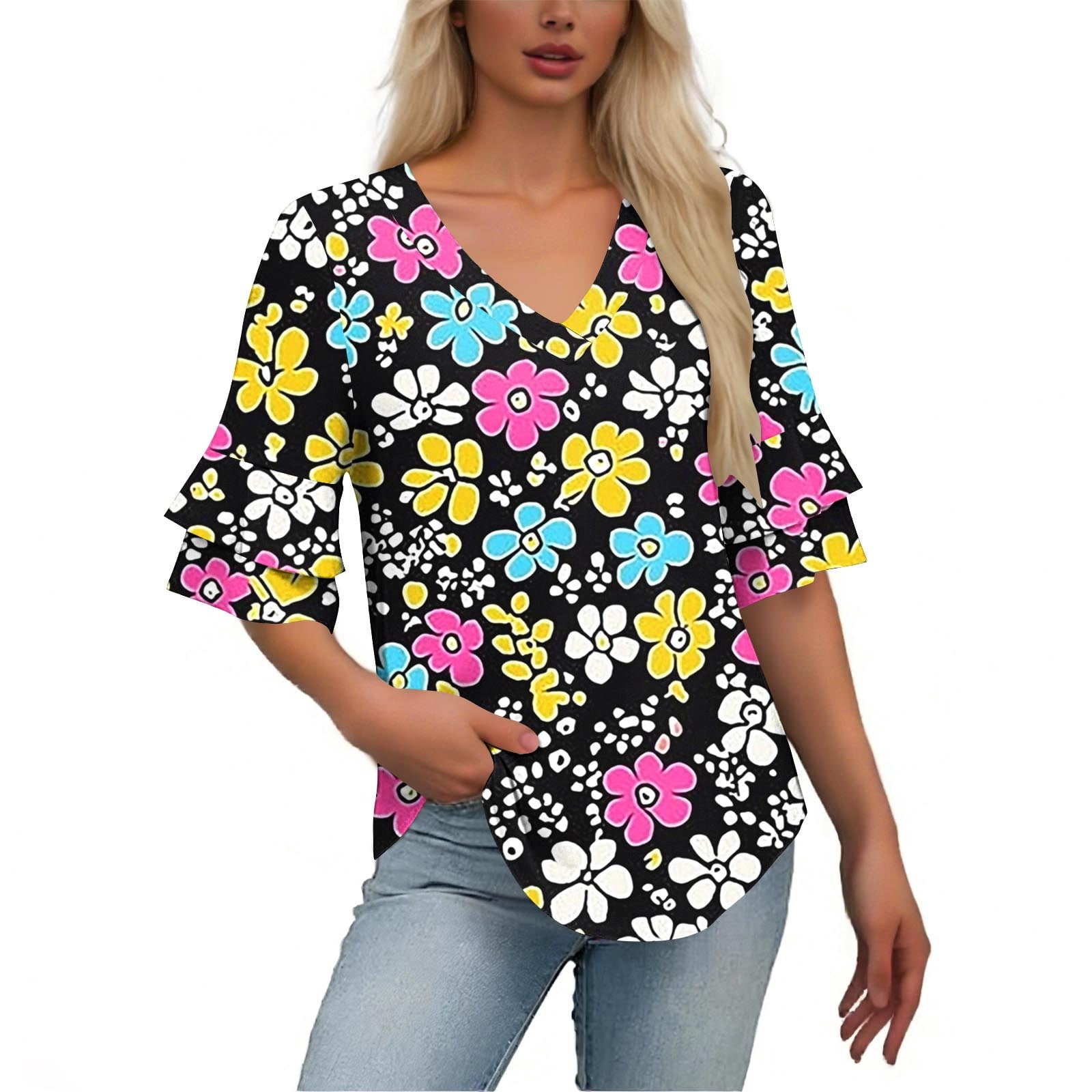 Blouse for Women V-Neck Layered Ruffle Sleeve Hibiscus Floral Graphic ...