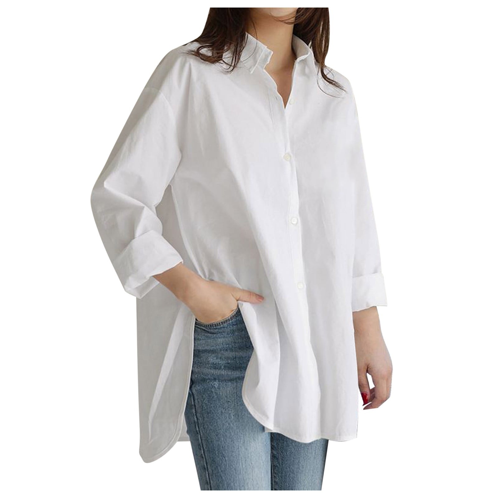 Blouses Button-Down Shirts for Women Long Sleeve Plus Size Solid Pocket ...