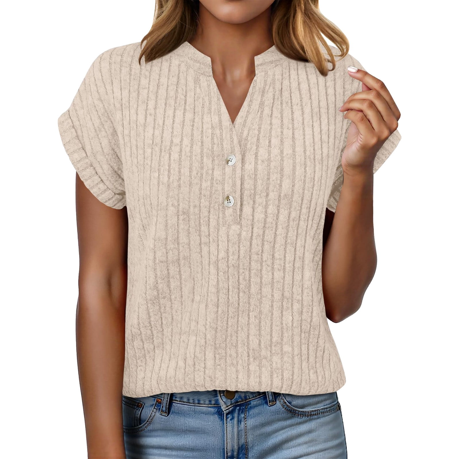 Blouses For Women Casual Brushed Strip V Neck Bat Short Sleeved T Shirt ...