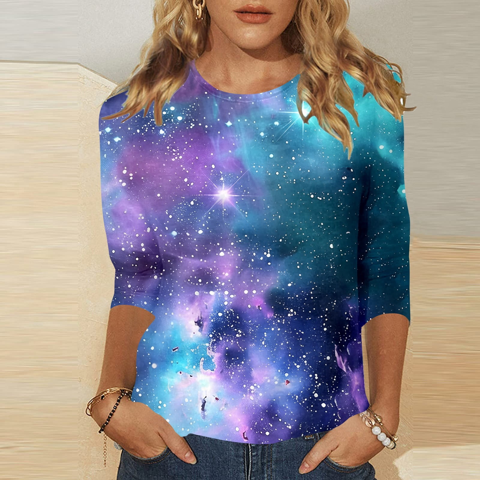 Blouses For Women Fashion Quarter Sleerainbowe Cosmic Pattern Clothing ...
