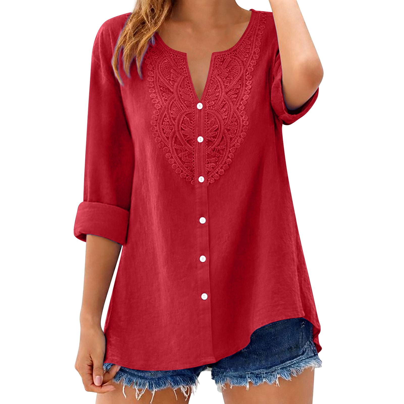 Blouses For Women Solid Color Stand Up Collar Button Cotton Long ...