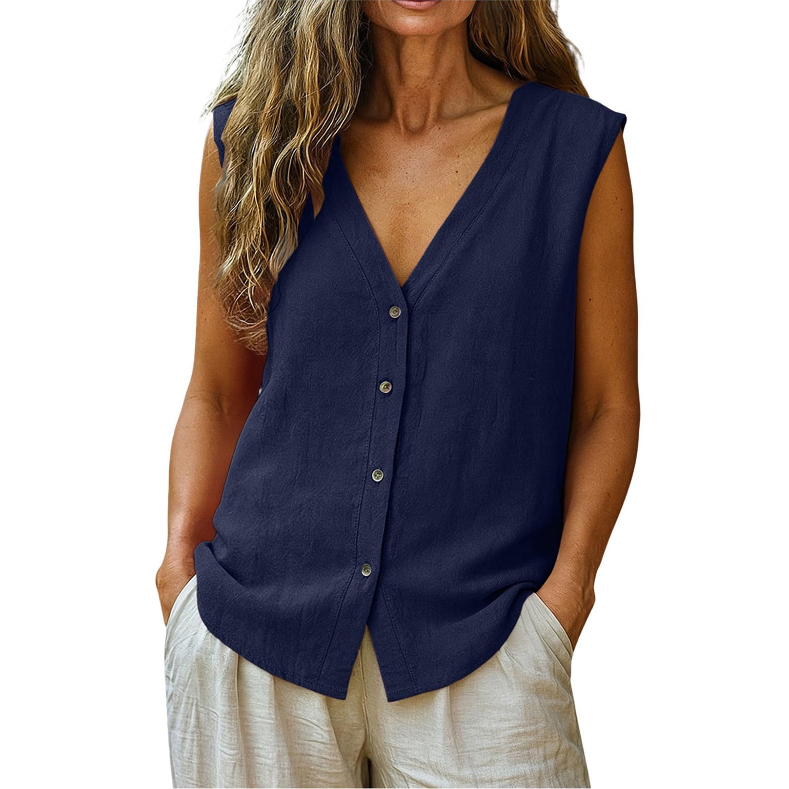 Blouses For Women Summer Sleeveless Button Detail Casual Sporty Resort ...