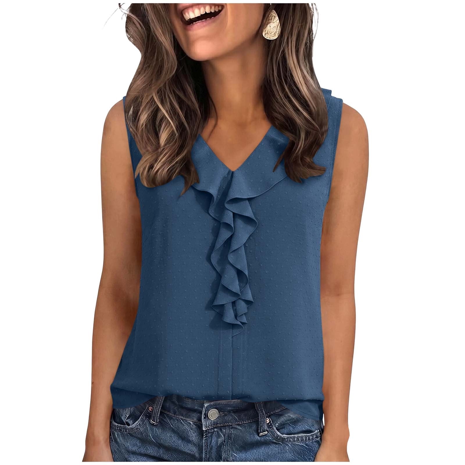 Blouses For Women Summer V Neck Sleeveless Ruffle Trim Trendy Casual ...