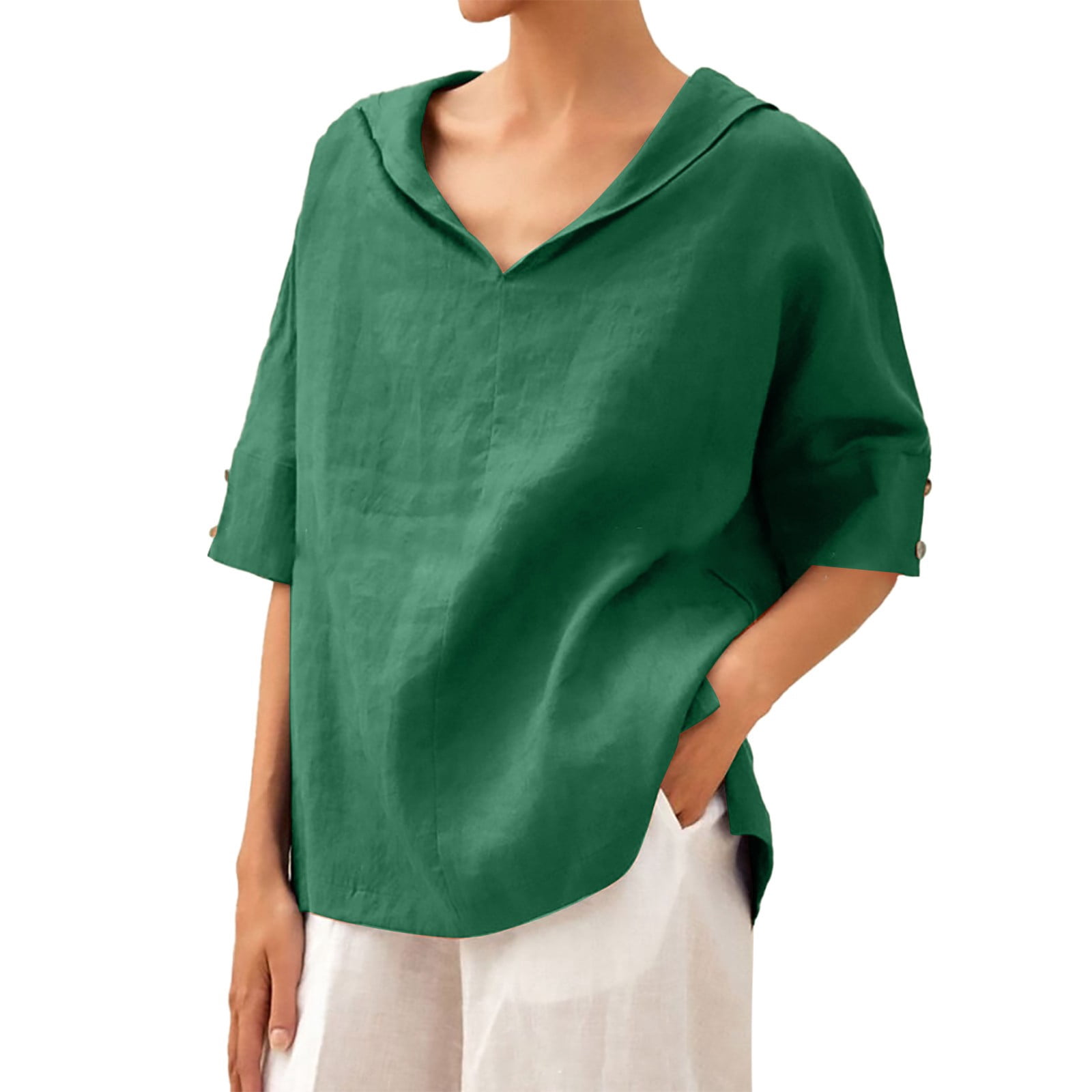 Blouses For Women V Neck Lapel Solid Color Cotton Linen Loose Hooded ...