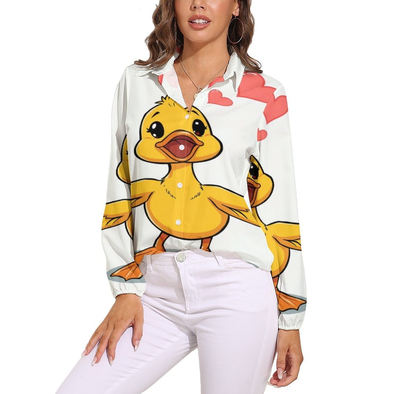 Blouses Women A Cartoon Yellow Duck with A Heart on Its Head Shirt ...