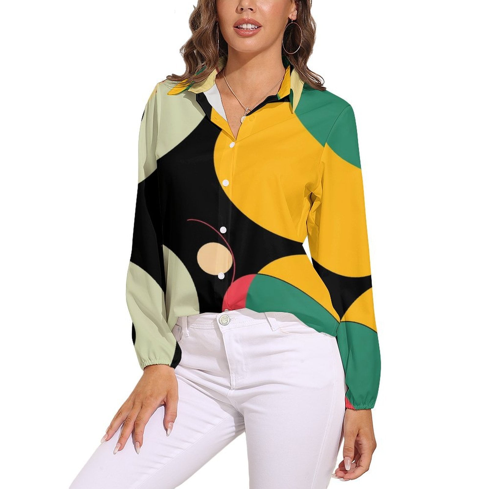 Blouses Women Abstract Geometric Shapes Shirt Autumn Long Sleeve Lapel ...
