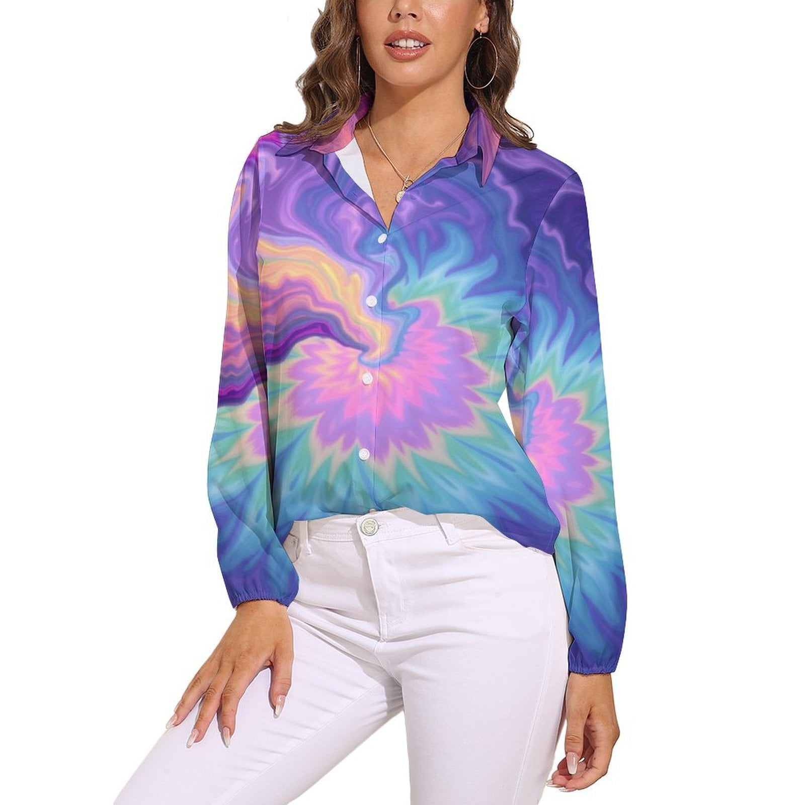 Blouses Women Abstract Pastel Swirl Shirt Autumn Long Sleeve Lapel Tops ...