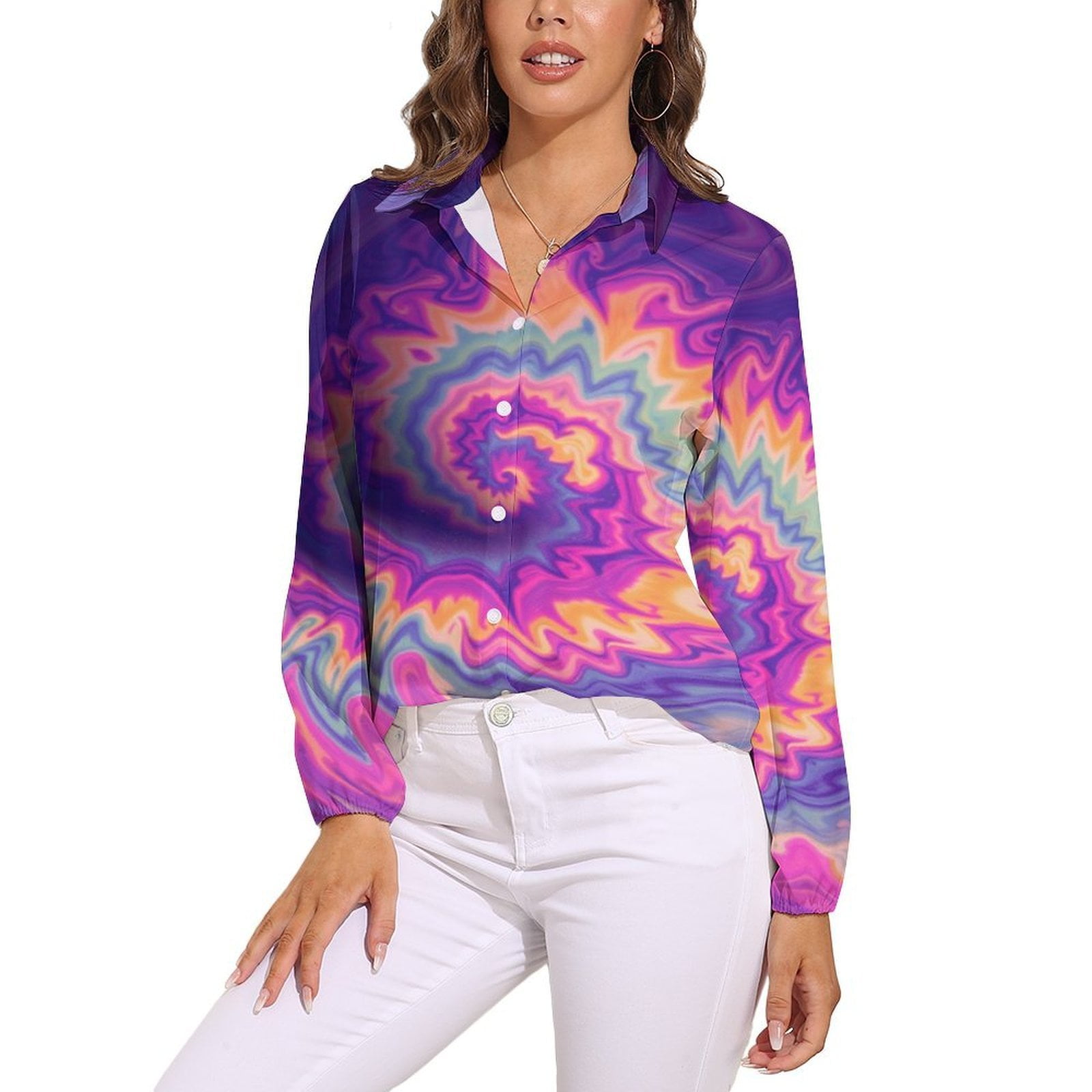 Blouses Women Abstract Swirl Pattern Shirt Autumn Long Sleeve Lapel ...