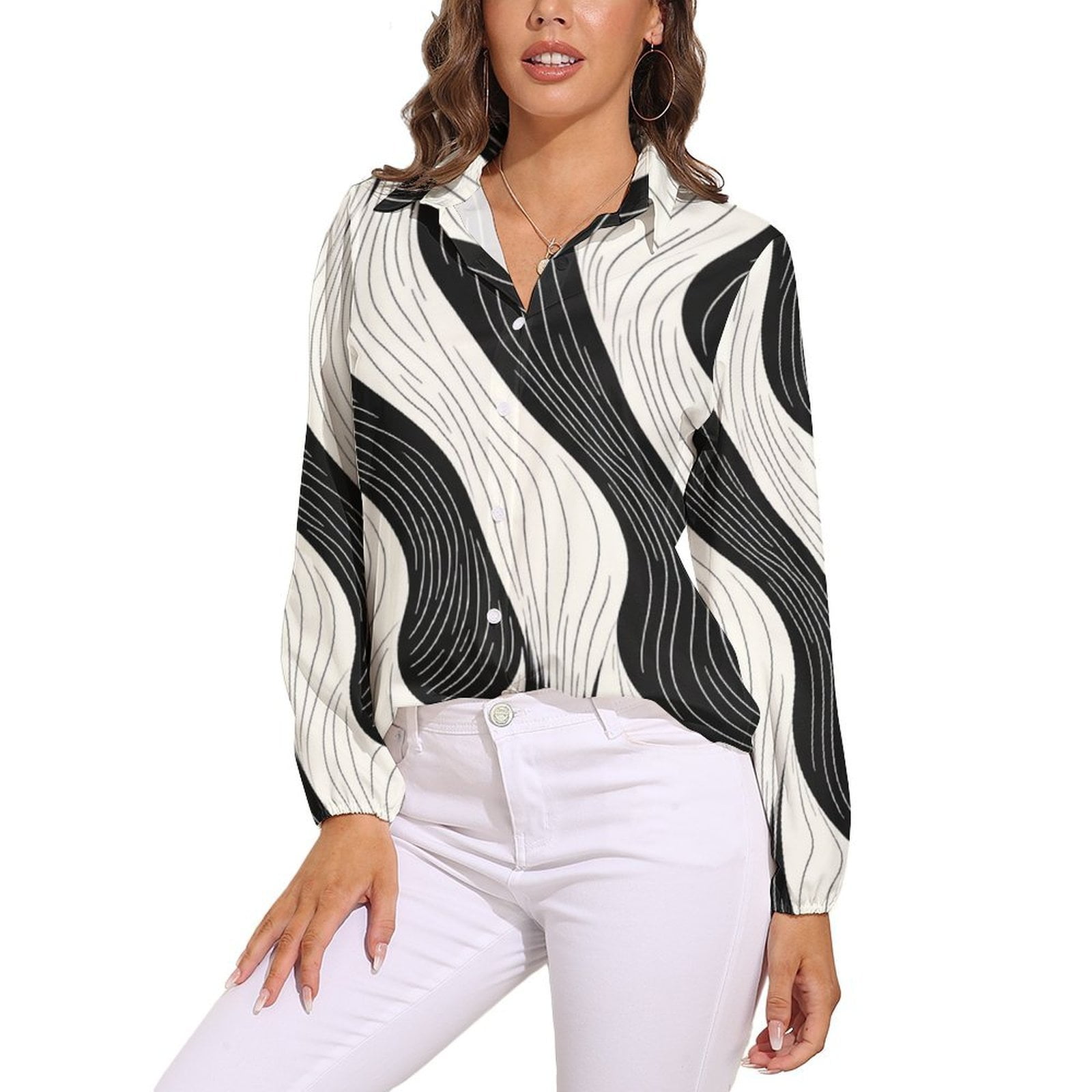 Blouses Women Abstract Wavy Lines Shirt Autumn Long Sleeve Lapel Tops ...