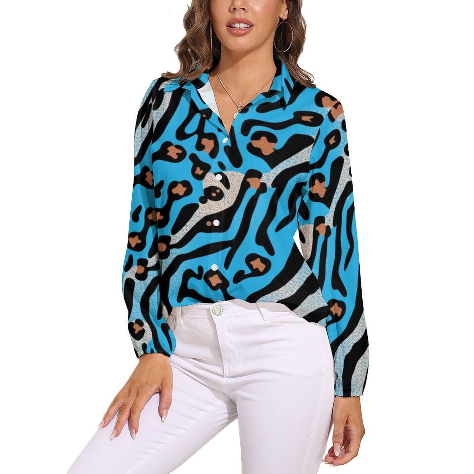 Blouses Women Blue Zebra Pattern Shirt Autumn Long Sleeve Lapel Tops ...