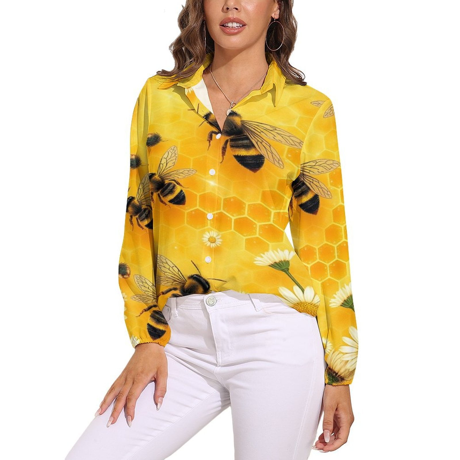 Blouses Women Busy Bees Honeycomb Shirt Autumn Long Sleeve Lapel Tops ...