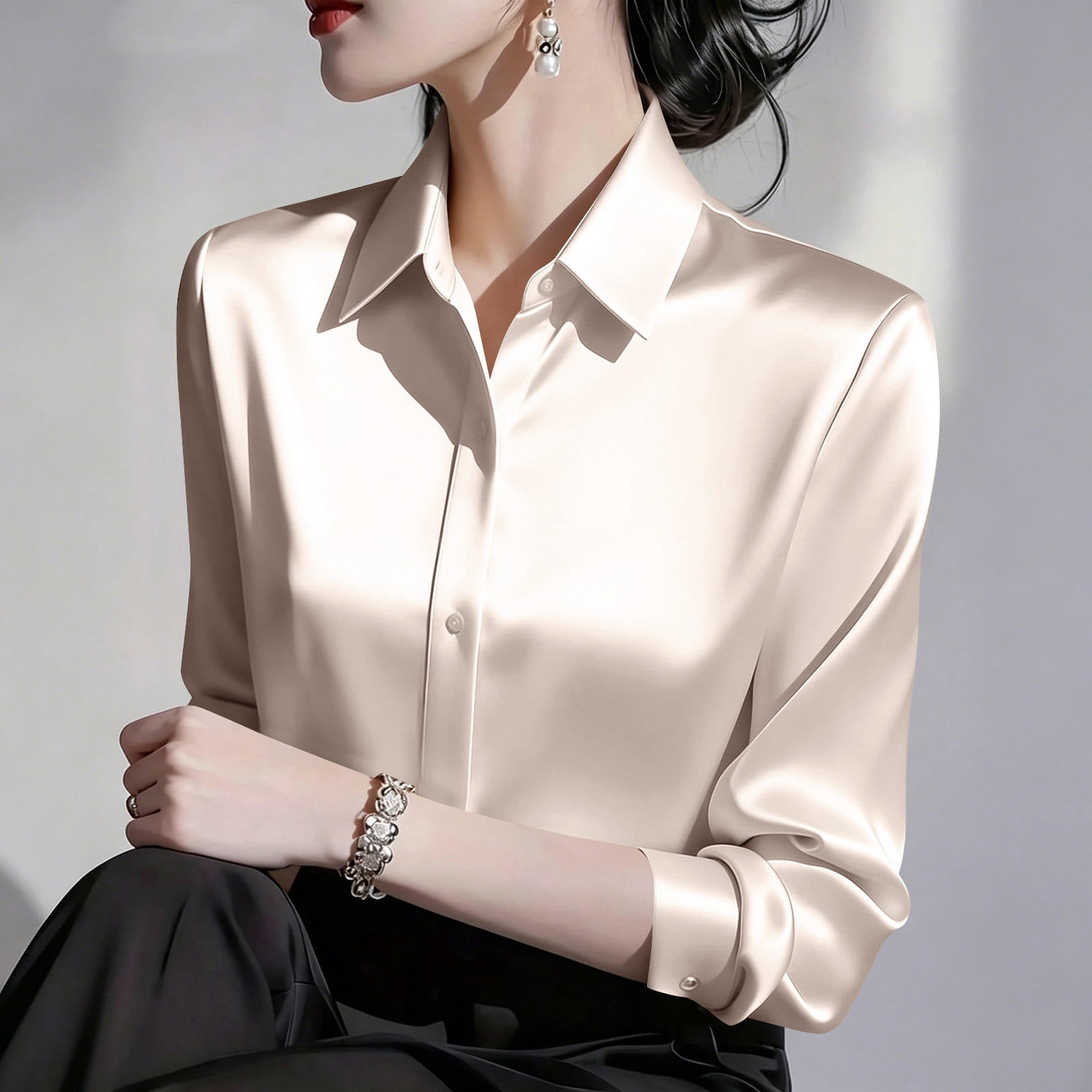 Blouses for Women Casual Solid Turndown Collar Long Sleeved Blouse ...