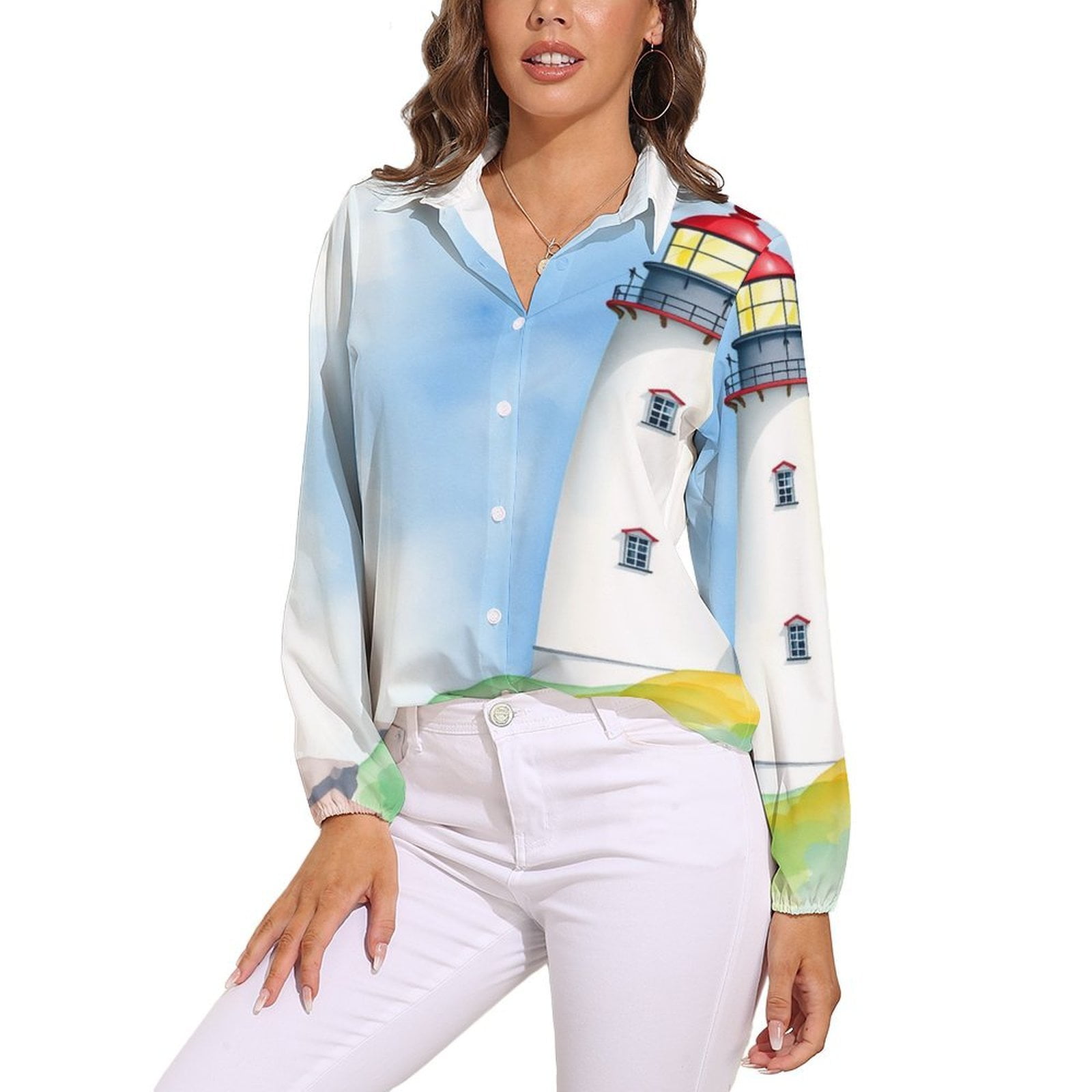 Blouses Women Coastal Lighthouse Beacon Shirt Autumn Long Sleeve Lapel ...