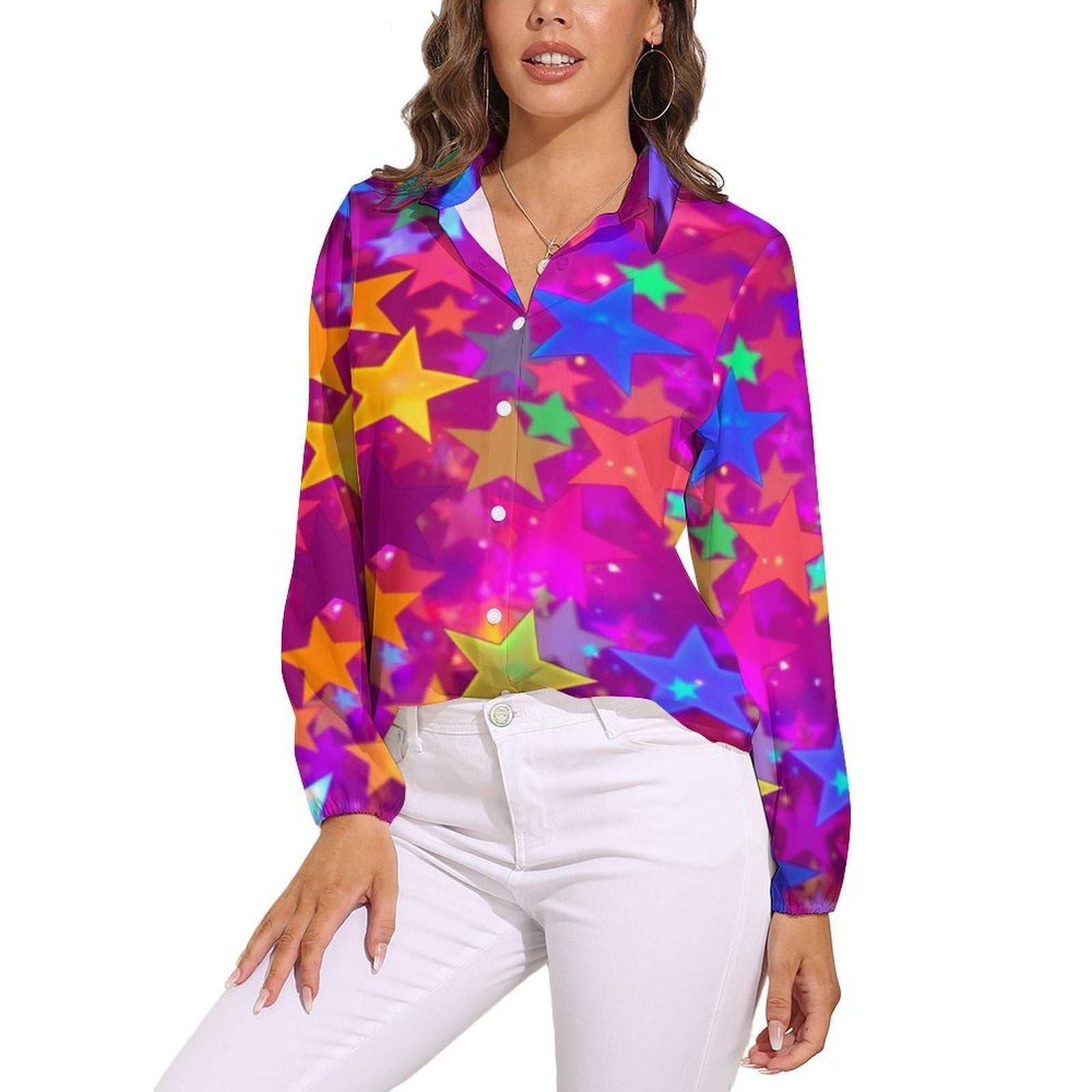 Blouses Women Colored Stars Shirt Autumn Long Sleeve Lapel Tops ...