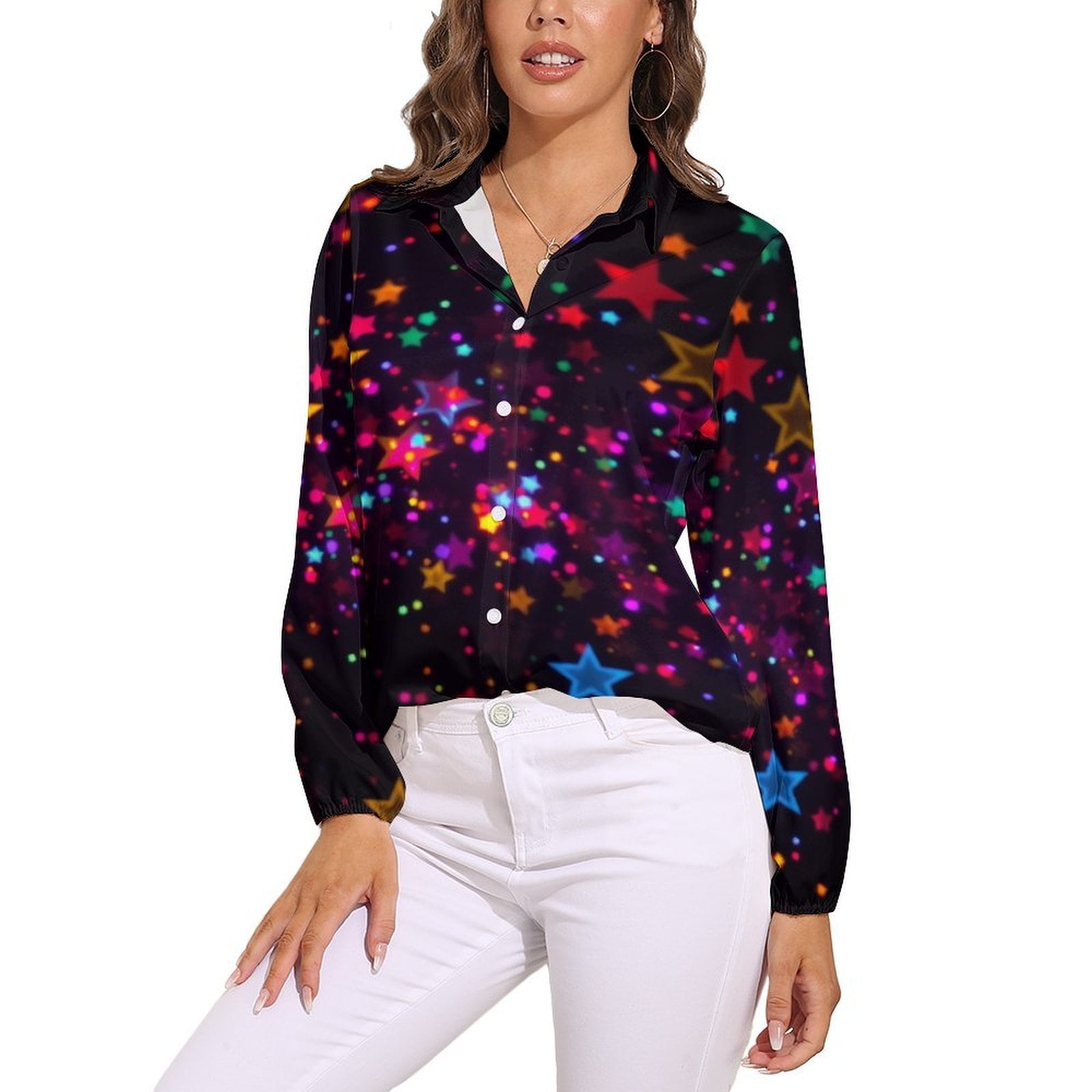 Blouses Women Colored Stars Shirt Autumn Long Sleeve Lapel Tops ...