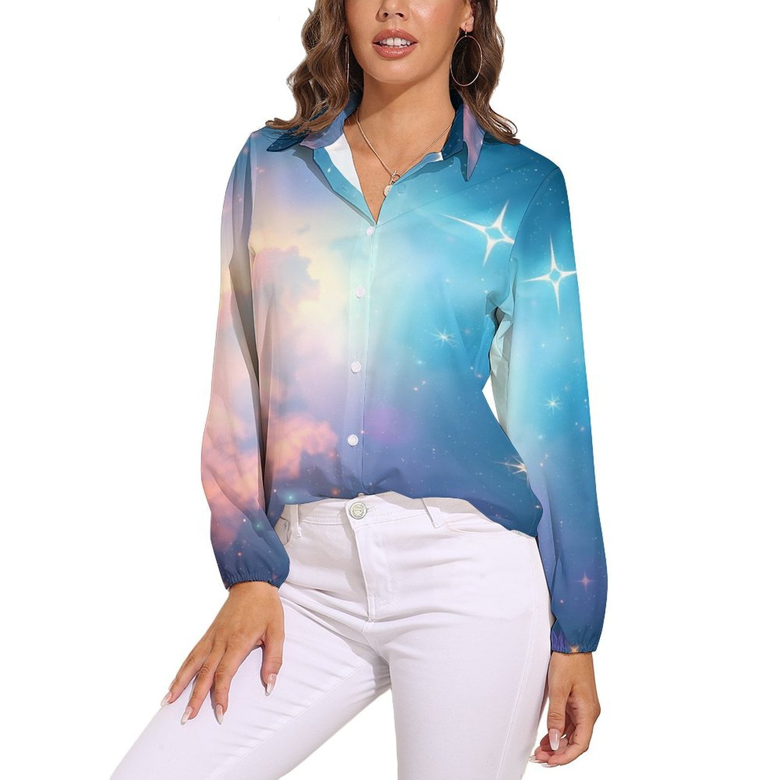 Blouses Women Colored Stars Shirt Autumn Long Sleeve Lapel Tops ...