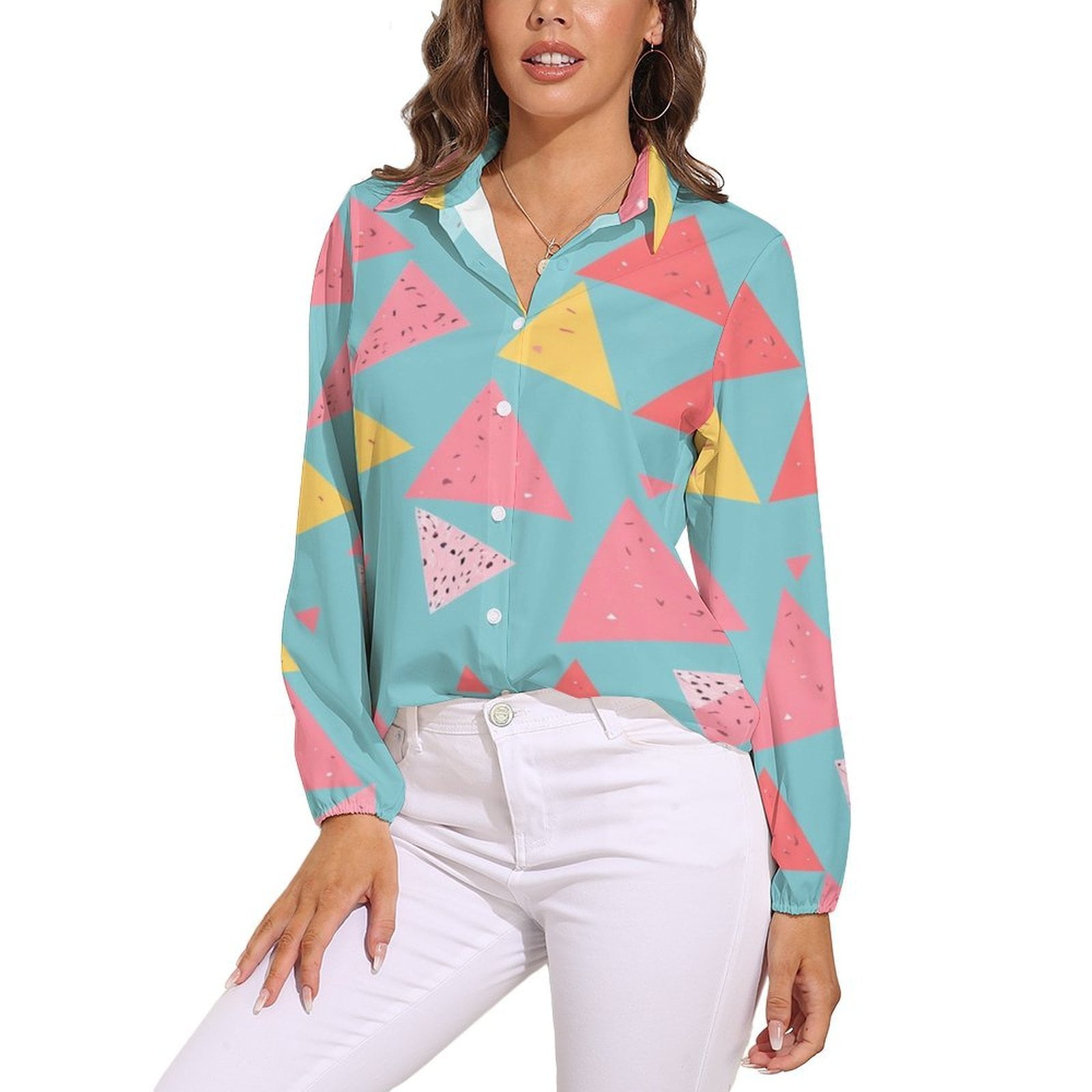 Blouses Women Colorful Triangle Pattern Shirt Autumn Long Sleeve Lapel ...